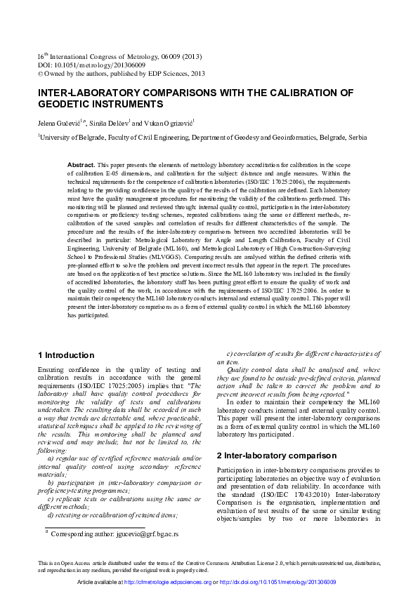 (PDF) Inter-Laboratory Comparisons with the Calibration of Geodetic Instruments