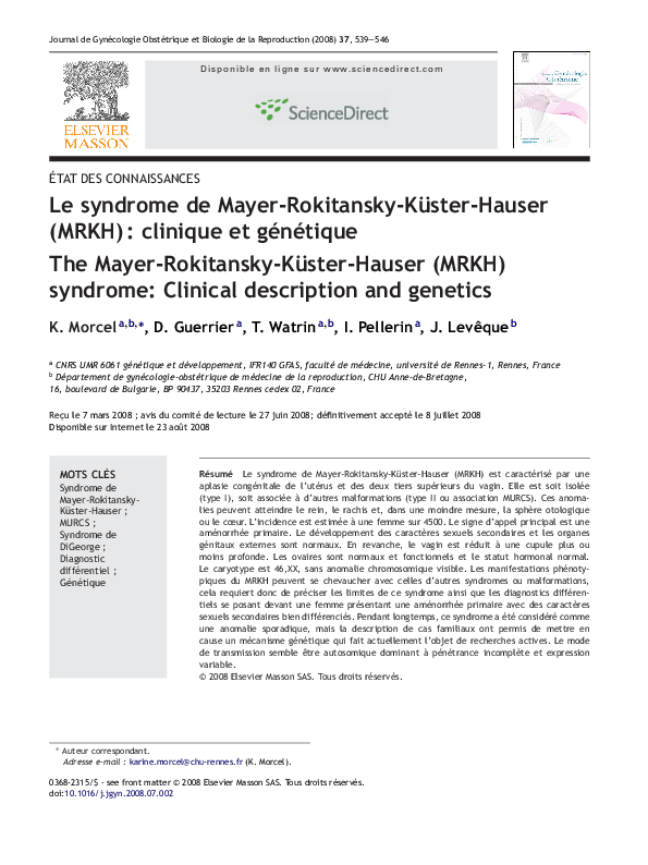 (PDF) Le syndrome de Mayer-Rokitansky-Küster-Hauser (MRKH) : clinique ...
