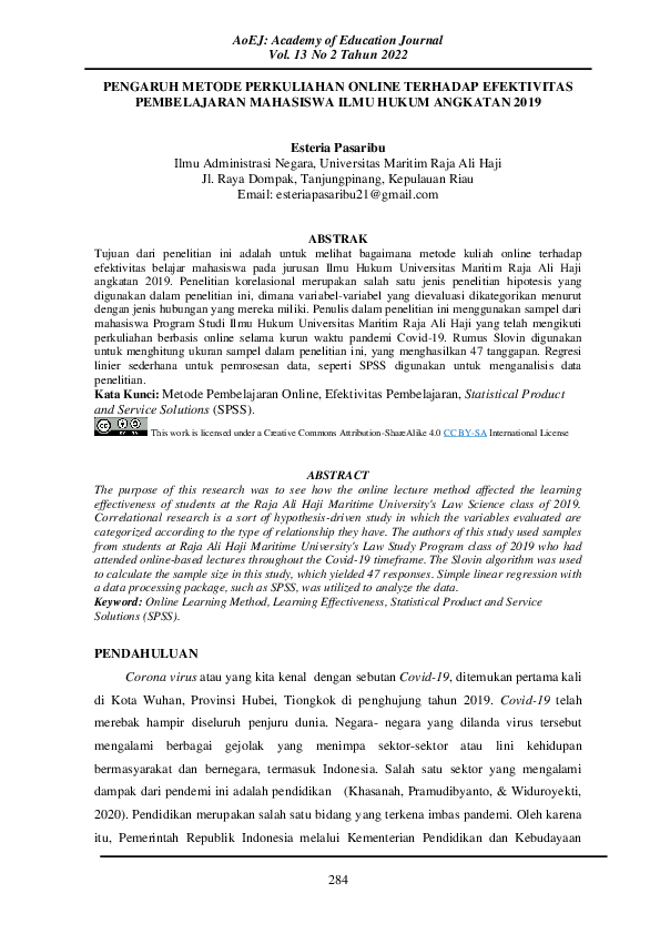 (PDF) Pengaruh Metode Perkuliahan Online Terhadap Efektivitas Pembelajaran Mahasiswa Ilmu Hukum ...