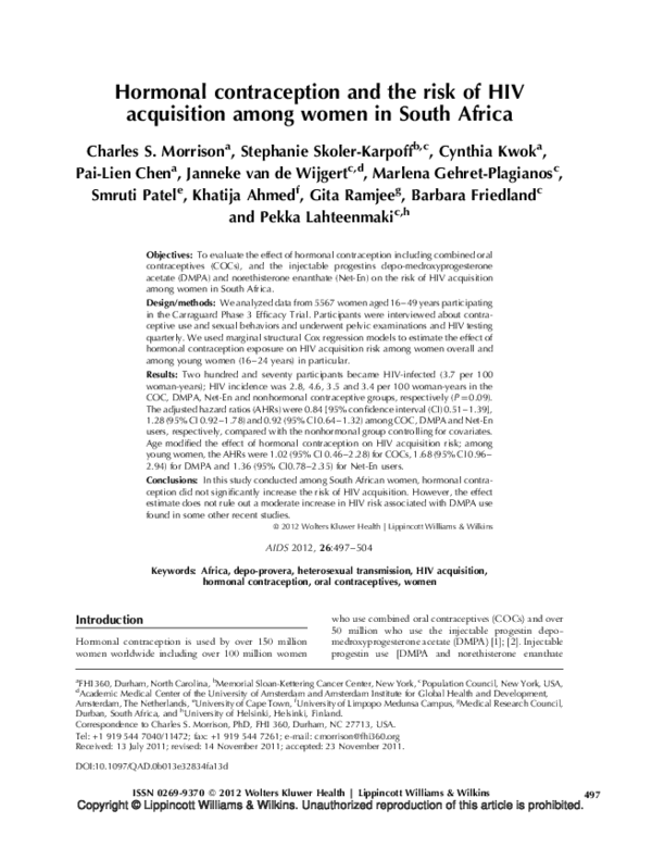 (PDF) Hormonal contraception and the risk of HIV acquisition among ...
