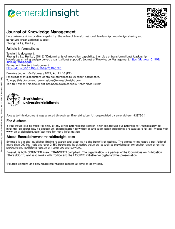 (PDF) Determinants of innovation capability: the roles of transformational leadership, knowledge ...