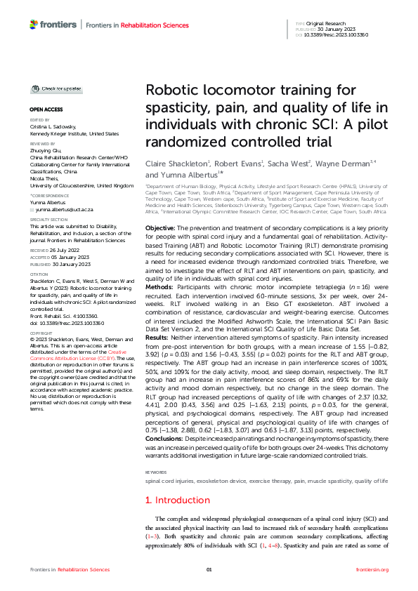 (PDF) Robotic locomotor training for spasticity, pain, and quality of ...