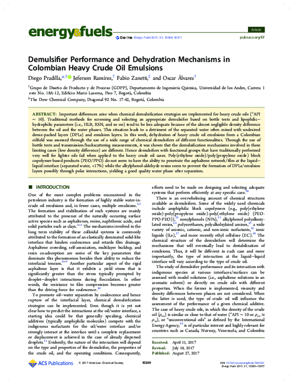 (PDF) Demulsifier Performance and Dehydration Mechanisms in Colombian ...