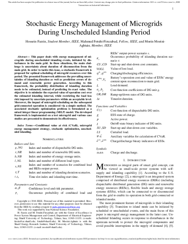 (PDF) Stochastic Energy Management of Microgrids During Unscheduled Islanding Period