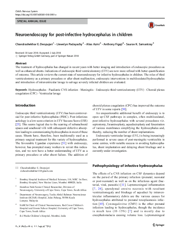 (PDF) Neuroendoscopy for post-infective hydrocephalus in children