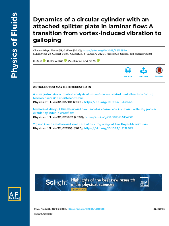 Pdf Dynamics Of A Circular Cylinder With An Attached Splitter Plate In Laminar Flow A