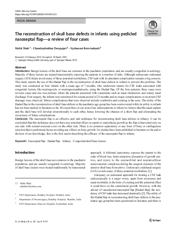 (PDF) The reconstruction of skull base defects in infants using pedicled nasoseptal flap—a ...