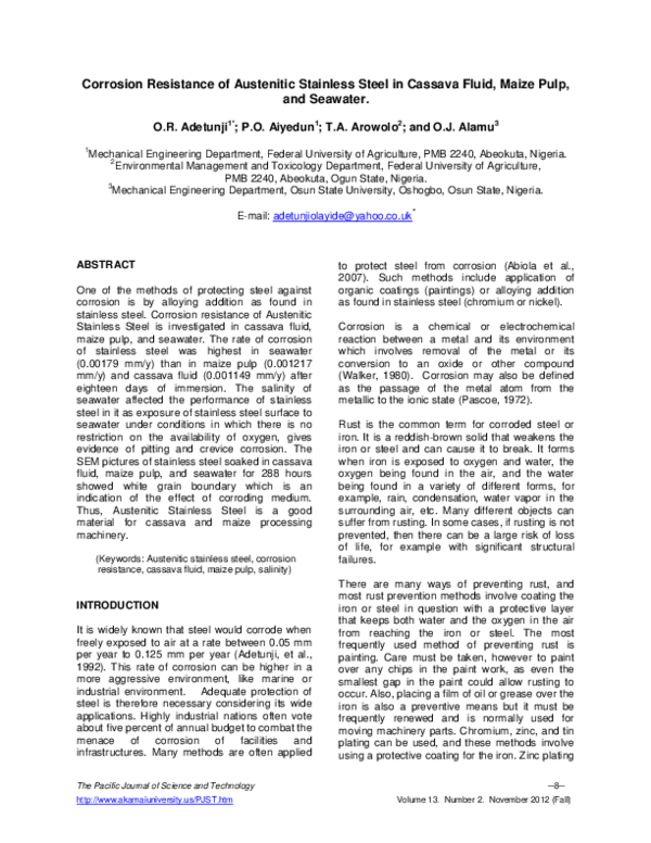 (PDF) Corrosion Resistance of Austenitic Stainless Steel in Cassava ...