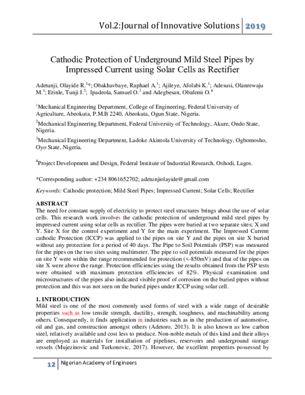 (PDF) Cathodic Protection of Underground Mild Steel Pipes by Impressed ...