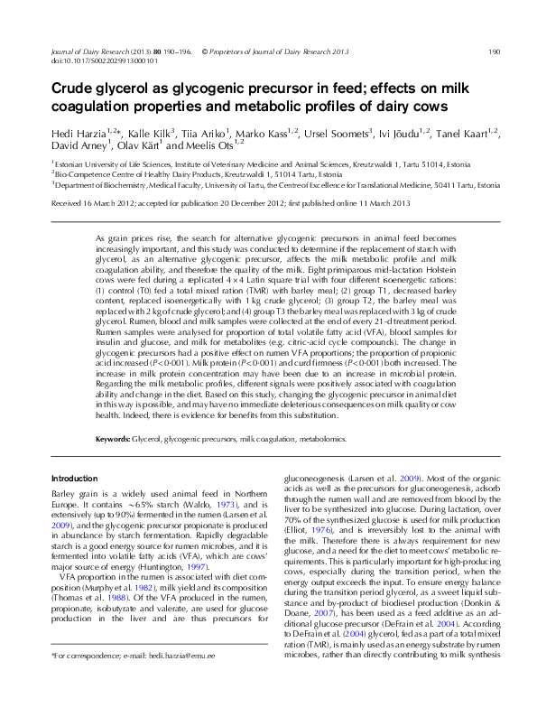 (PDF) Crude glycerol as glycogenic precursor in feed; effects on milk coagulation properties and ...
