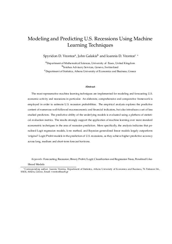 (PDF) Modeling and predicting U.S. recessions using machine learning techniques