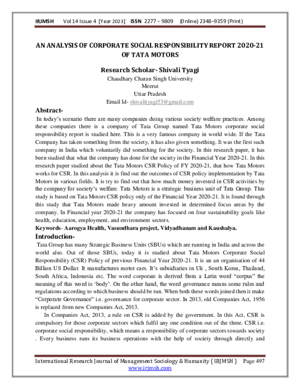 (PDF) AN ANALYSIS OF CORPORATE SOCIAL RESPONSIBILITY REPORT 2020-21 OF ...