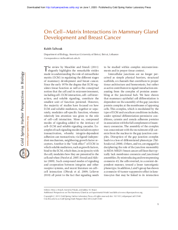(PDF) On Cell-Matrix Interactions in Mammary Gland Development and ...