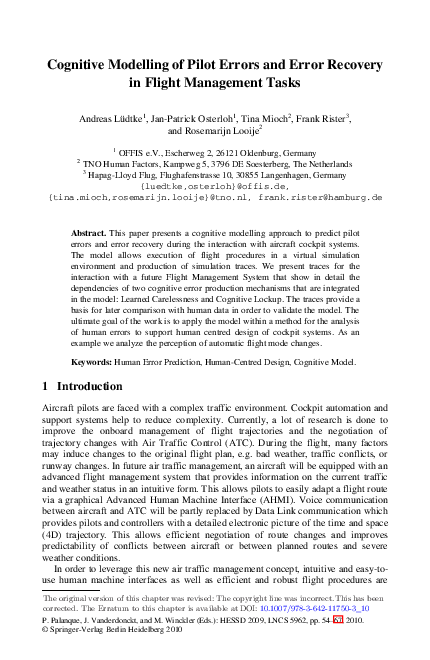 (PDF) Cognitive Modelling of Pilot Errors and Error Recovery in Flight Management Tasks