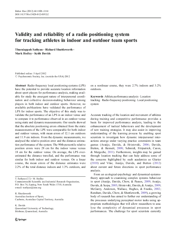 (PDF) Validity and reliability of a radio positioning system for ...