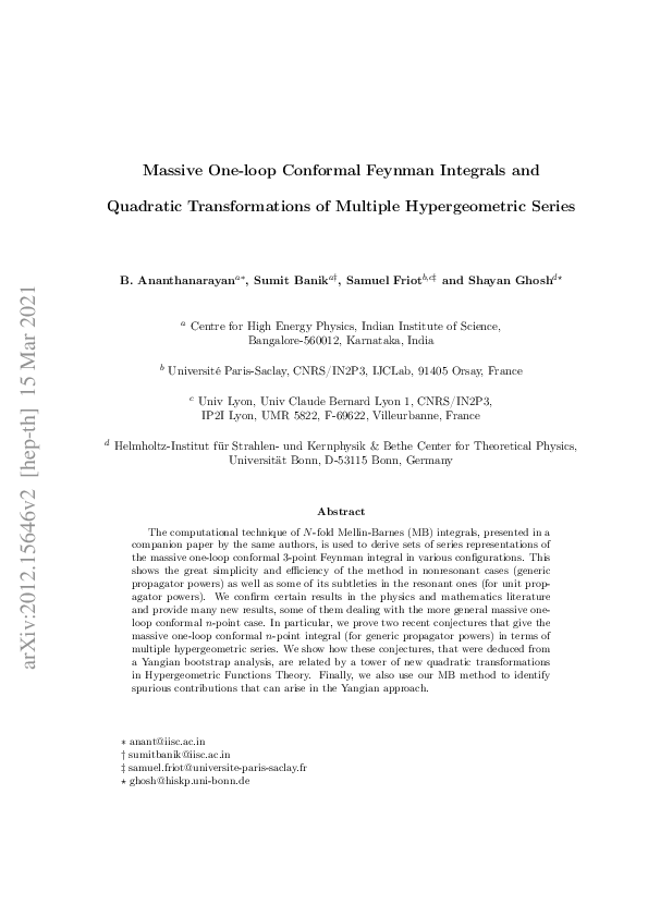 (PDF) Massive one-loop conformal Feynman integrals and quadratic transformations of multiple ...