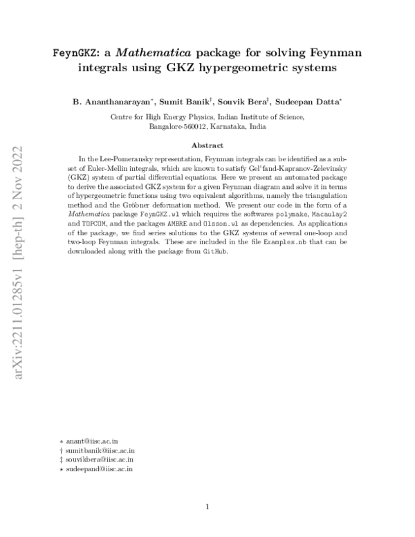Pdf Feyngkz A Mathematica Package For Solving Feynman Integrals Using Gkz Hypergeometric