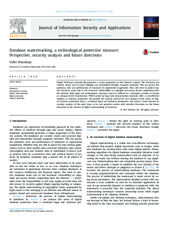 (PDF) Database watermarking, a technological protective measure: Perspective, security analysis ...