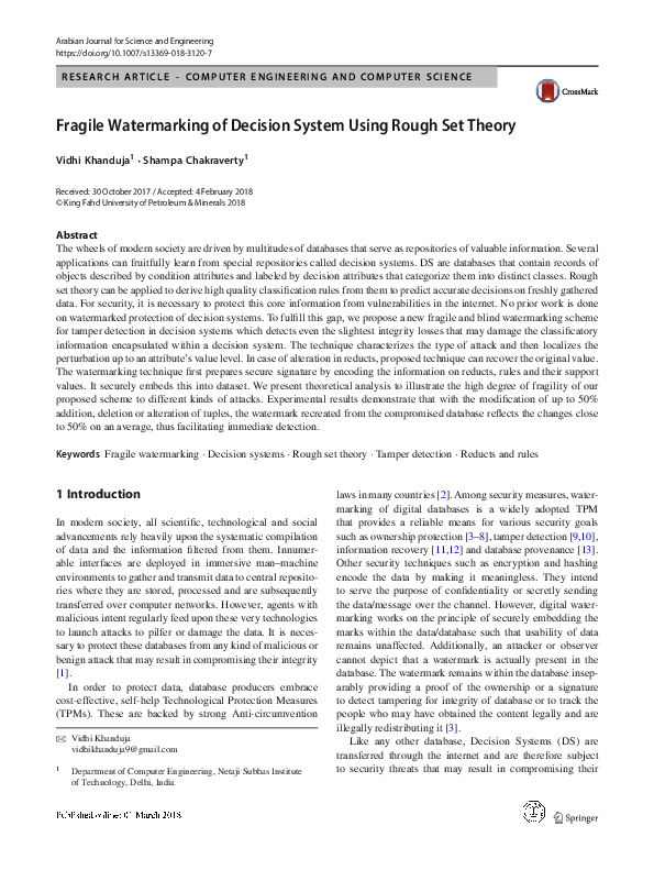 (PDF) Fragile Watermarking of Decision System Using Rough Set Theory