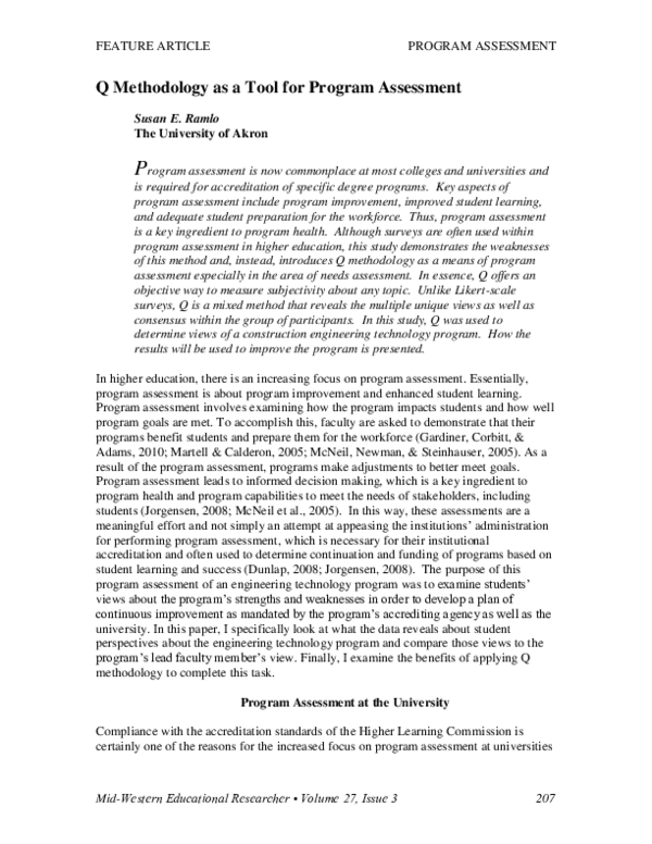 (PDF) Q Methodology as a Tool for Program Assessment