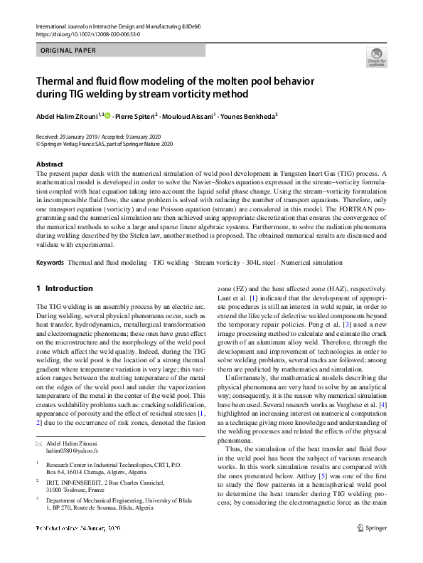 (PDF) Thermal and fluid flow modeling of the molten pool behavior during TIG welding by stream ...