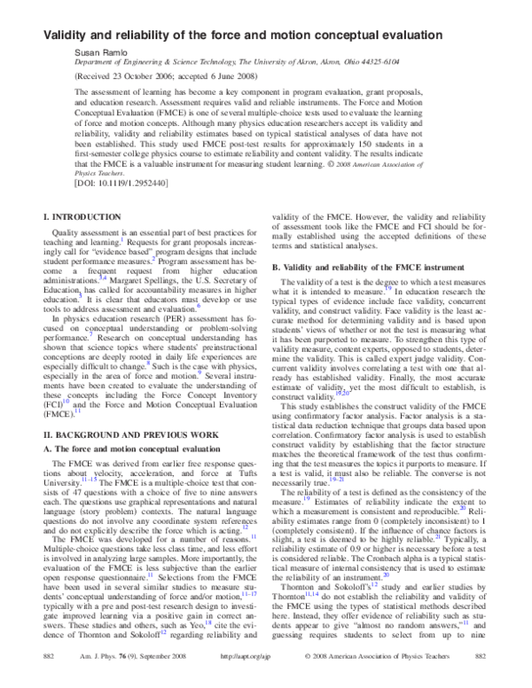 (PDF) Validity and reliability of the force and motion conceptual evaluation