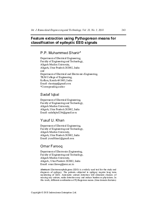 (PDF) Feature extraction using Pythagorean means for classification of epileptic EEG signals