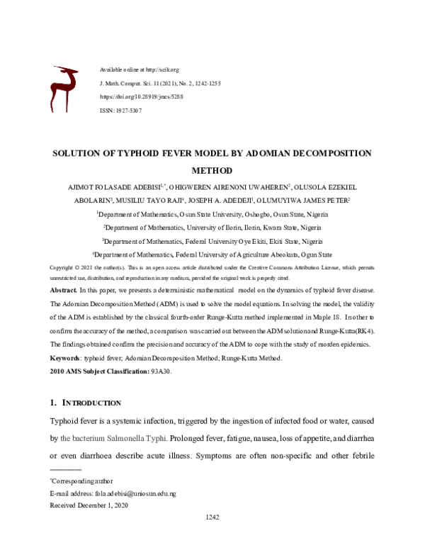 Pdf Solution Of Typhoid Fever Model By Adomian Decomposition Method Olusola Abolarin