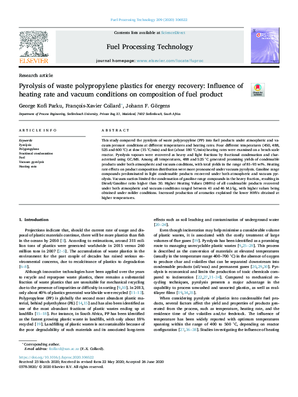 (PDF) Pyrolysis of waste polypropylene plastics for energy recovery ...