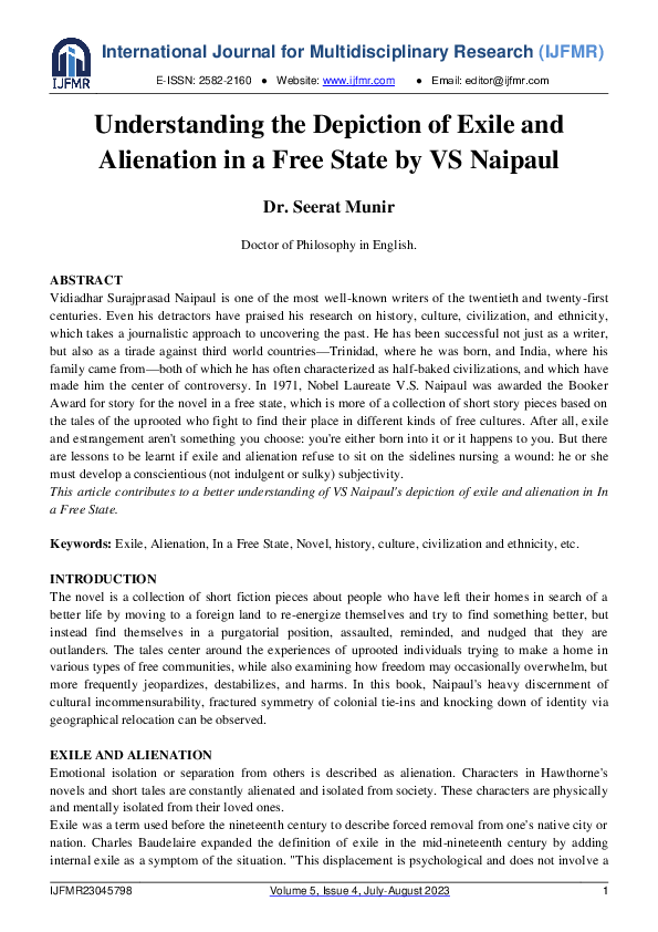 (PDF) Understanding the Depiction of Exile and Alienation in “In a Free State” by VS Naipaul