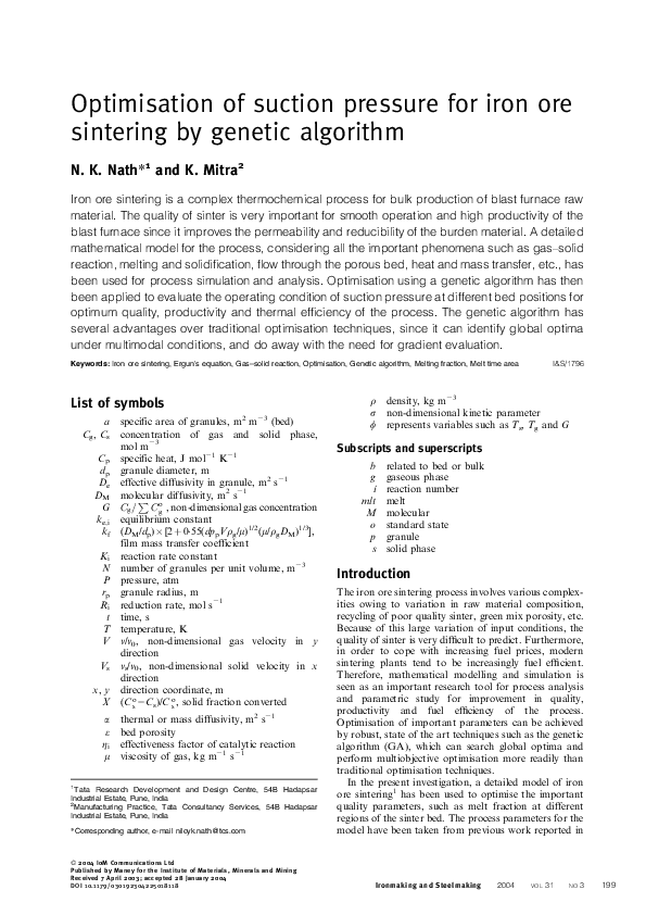 (PDF) Optimisation of suction pressure for iron ore sintering by genetic algorithm