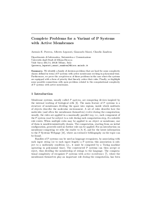 Pdf Complete Problems For A Variant Of P Systems With Active Membranes