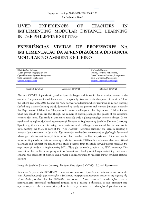 (PDF) Lived Experiences of Teachers in Implementing Modular Distance Learning in the Philippine ...