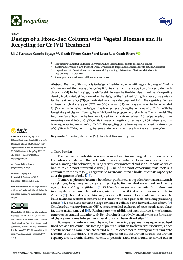 (PDF) Design of a Fixed-Bed Column with Vegetal Biomass and Its ...