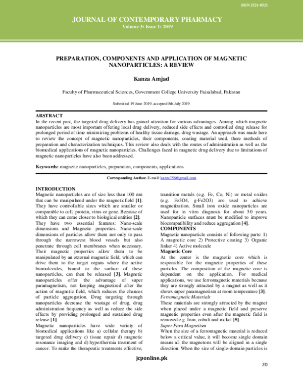 (PDF) Preparation, components and application of magnetic nanoparticles: A review