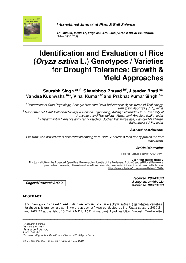 (PDF) Identification and Evaluation of Rice (Oryza sativa L.) Genotypes / Varieties for Drought ...