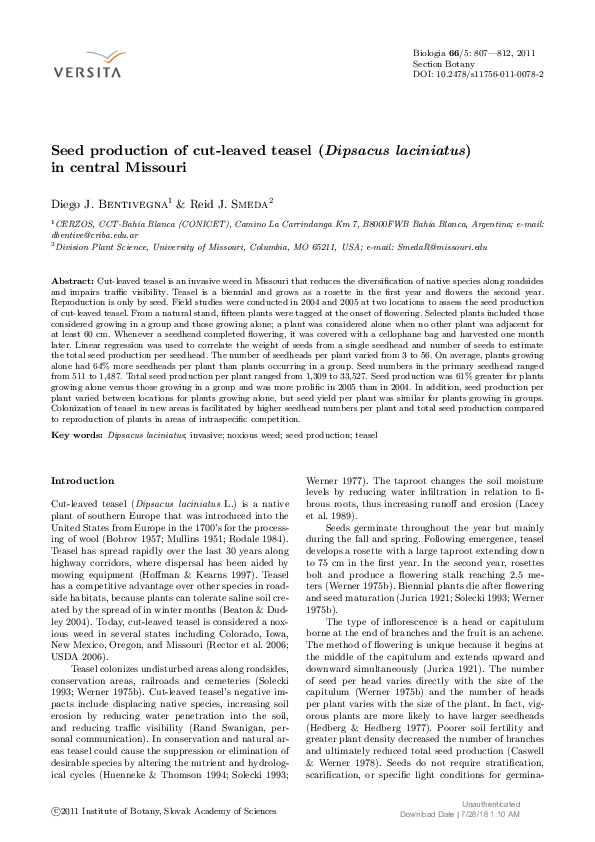 (PDF) Seed production of cut-leaved teasel (Dipsacus laciniatus) in ...