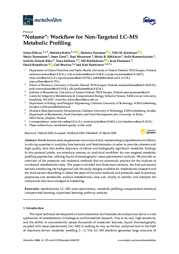 (PDF) NoTaMe: Workflow for Non-Targeted LC-MS Metabolic Profiling | Marietta Kokla - Academia.edu