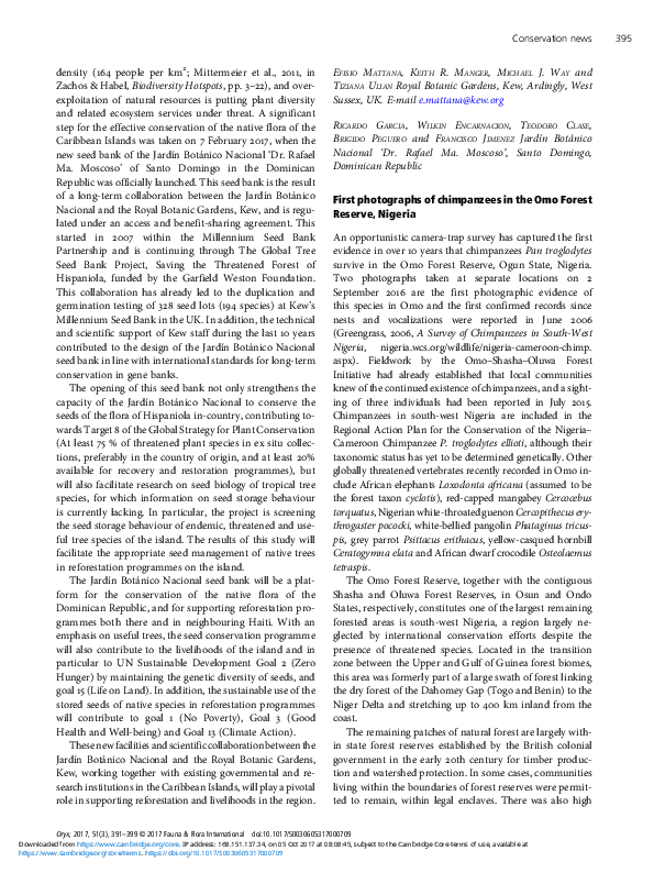 (PDF) First photographs of chimpanzees in the Omo Forest Reserve, Nigeria