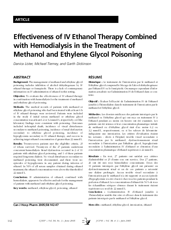 (PDF) Effectiveness of IV Ethanol Therapy Combined with Hemodialysis in ...