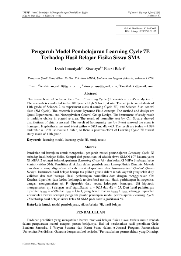 (PDF) Pengaruh Model Pembelajaran Learning Cycle 7E Terhadap Hasil Belajar Fisika Siswa SMA