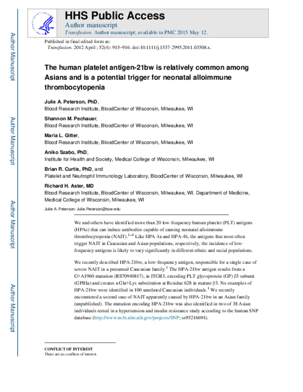 (PDF) The human platelet antigen-21bw is relatively common among Asians ...