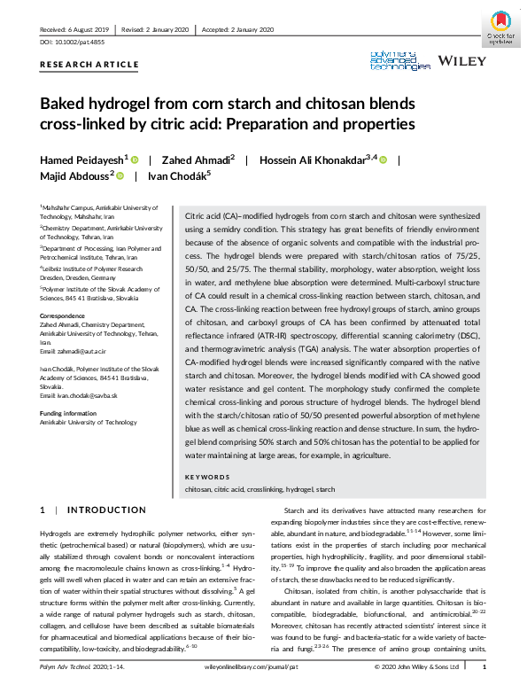 (PDF) Baked hydrogel from corn starch and chitosan blends cross‐linked ...