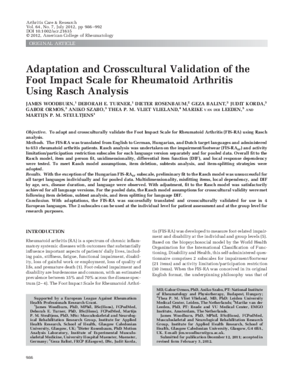 Pdf Adaptation And Cross Cultural Validation Of The Foot Impact Scale For Rheumatoid Arthritis
