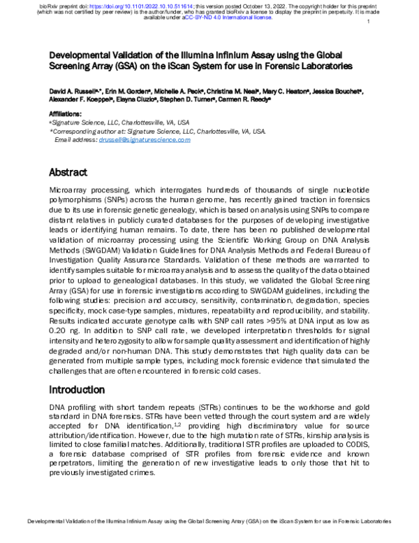 Pdf Developmental Validation Of The Illumina Infinium Assay Using The