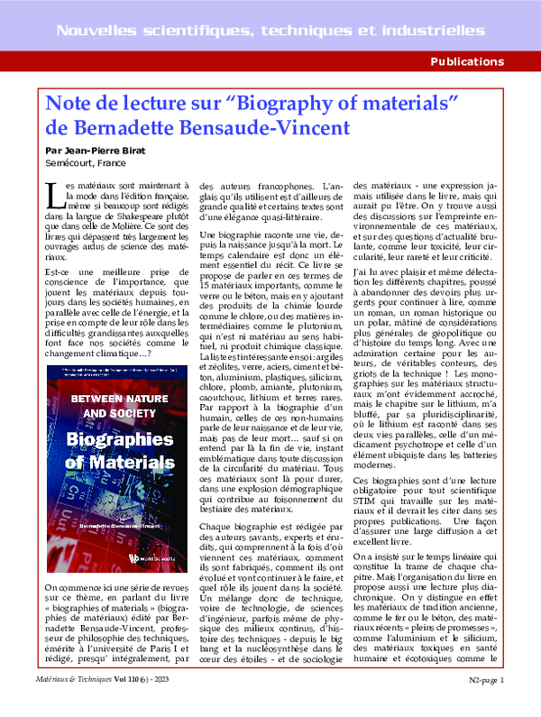 (PDF) Note de lecture sur “Biography of materials” de Bernadette Bensaude-Vincent