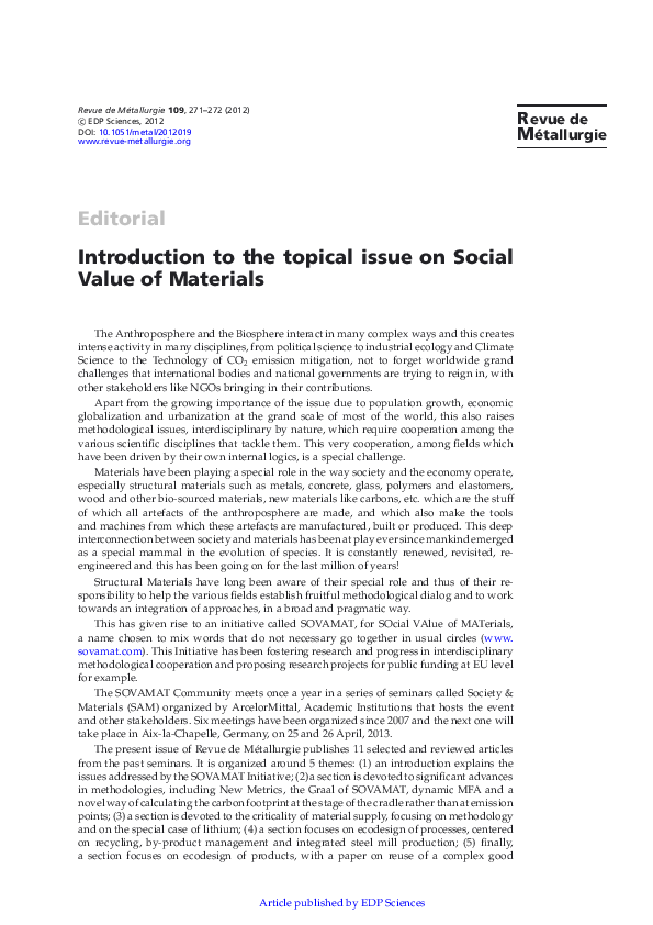 (PDF) Introduction to the topical issue on Social Value of Materials