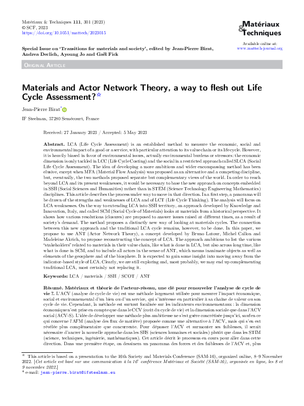 (PDF) Materials and Actor Network Theory, a way to flesh out Life Cycle ...