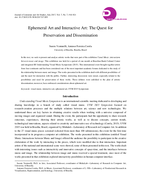 (PDF) Ephemeral Art and Interactive Art: The Quest for Preservation and ...