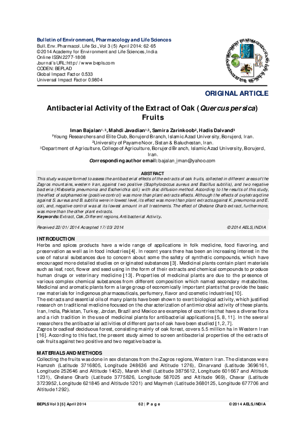 (PDF) Antibacterial Activity of the Extract of Oak (Quercus persica) Fruits